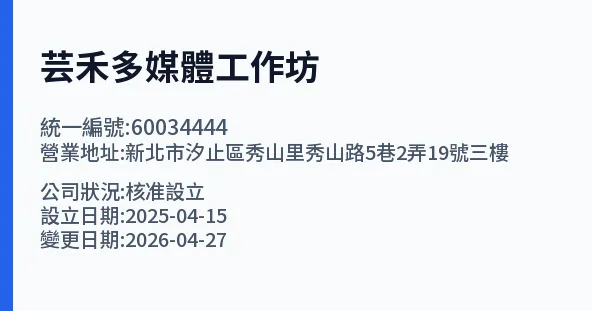 芸禾多媒體工作坊的照片-統編 60034444(新北市) 公司登記資料與營業項目詳細圖表