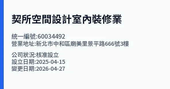 契所空間設計室內裝修業的照片-統編 60034492(新北市) 公司登記資料與營業項目詳細圖表