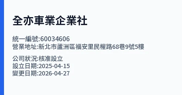 全亦車業企業社的照片-統編 60034606(新北市) 公司登記資料與營業項目詳細圖表