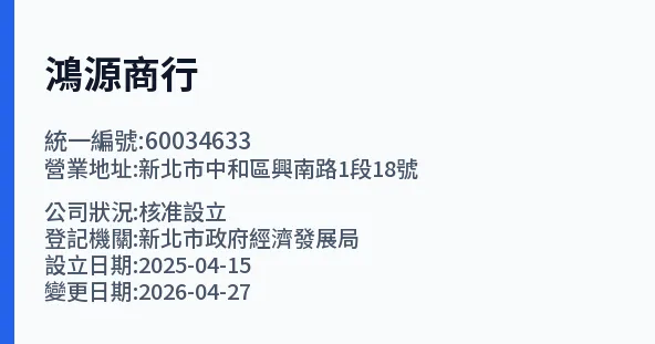 鴻源商行的照片-統編 60034633(新北市) 公司登記資料與營業項目詳細圖表