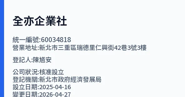 全亦企業社的照片-統編 60034818(新北市) 公司登記資料與營業項目詳細圖表
