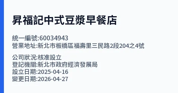 昇福記中式豆漿早餐店的照片-統編 60034943(新北市) 公司登記資料與營業項目詳細圖表