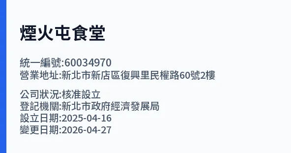 煙火屯食堂的照片-統編 60034970(新北市) 公司登記資料與營業項目詳細圖表