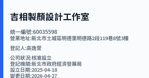 吉相製顏設計工作室的照片-統編 60035598(新北市) 公司登記資料與營業項目詳細圖表