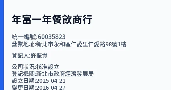 年富一年餐飲商行的照片-統編 60035823(新北市) 公司登記資料與營業項目詳細圖表