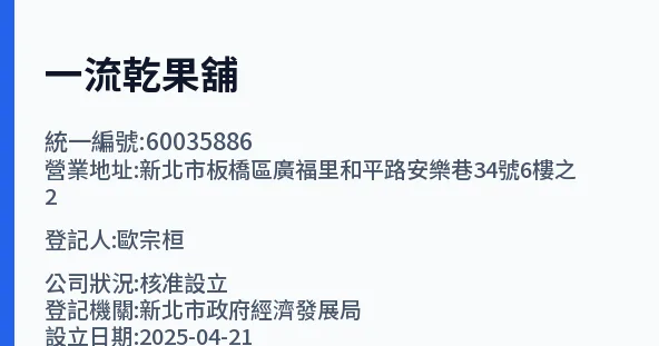一流乾果舖的照片-統編 60035886(新北市) 公司登記資料與營業項目詳細圖表