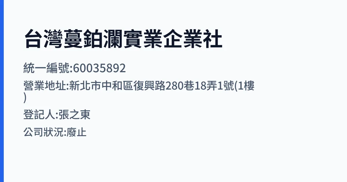 台灣蔓鉑瀾實業企業社 - 統編 60035892(新北市) 公司登記資料與營業項目詳細圖表