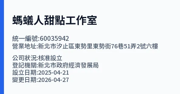 螞蟻人甜點工作室的照片-統編 60035942(新北市) 公司登記資料與營業項目詳細圖表