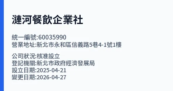 漣河餐飲企業社的照片-統編 60035990(新北市) 公司登記資料與營業項目詳細圖表