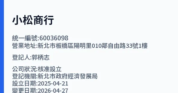 小松商行的照片-統編 60036098(新北市) 公司登記資料與營業項目詳細圖表