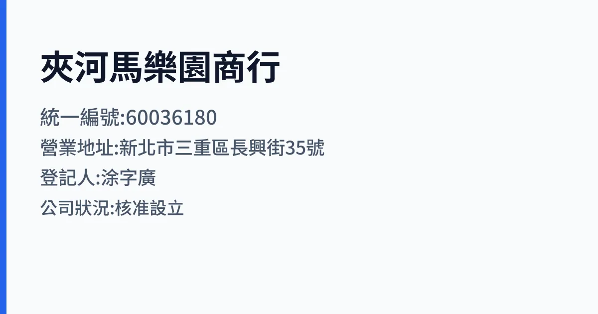 夾河馬樂園商行 - 統編 60036180(新北市) 公司登記資料與營業項目詳細圖表