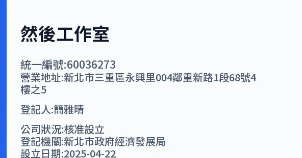 然後工作室的照片-統編 60036273(新北市) 公司登記資料與營業項目詳細圖表