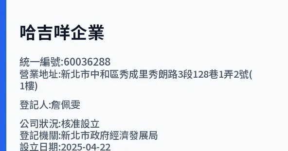 哈吉咩企業的照片-統編 60036288(新北市) 公司登記資料與營業項目詳細圖表