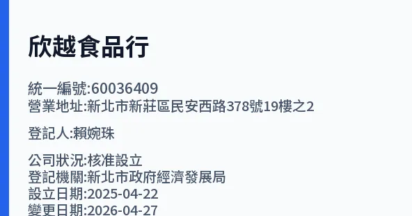 欣越食品行的照片-統編 60036409(新北市) 公司登記資料與營業項目詳細圖表