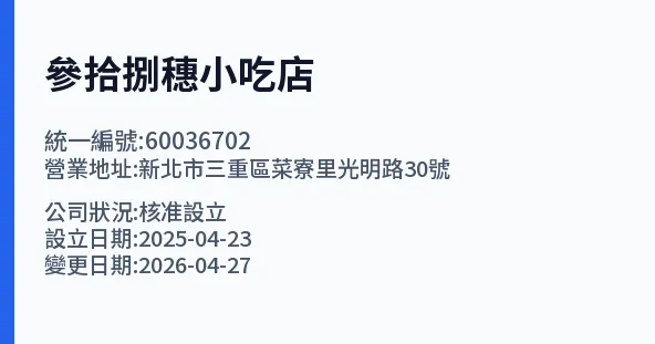 參拾捌穗小吃店的照片-統編 60036702(新北市) 公司登記資料與營業項目詳細圖表