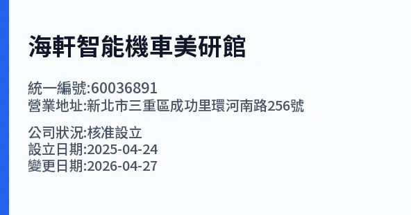 海軒智能機車美研館的照片-統編 60036891(新北市) 公司登記資料與營業項目詳細圖表