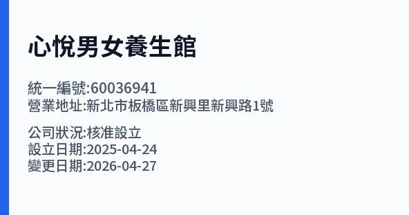 心悅男女養生館的照片-統編 60036941(新北市) 公司登記資料與營業項目詳細圖表