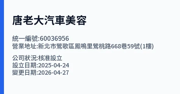 唐老大汽車美容的照片-統編 60036956(新北市) 公司登記資料與營業項目詳細圖表