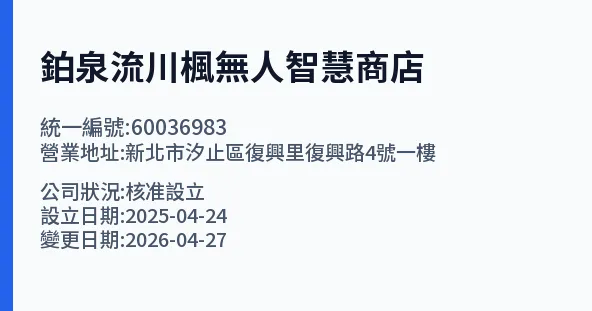 鉑泉流川楓無人智慧商店的照片-統編 60036983(新北市) 公司登記資料與營業項目詳細圖表