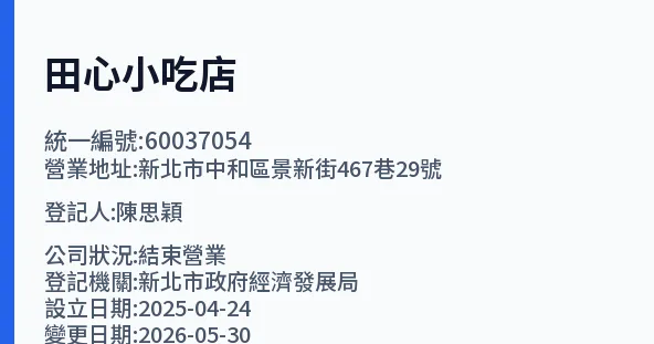田心小吃店的照片-統編 60037054(新北市) 公司登記資料與營業項目詳細圖表