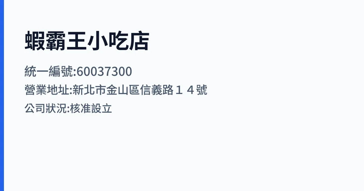 蝦霸王小吃店 - 統編 60037300(新北市) 公司登記資料與營業項目詳細圖表