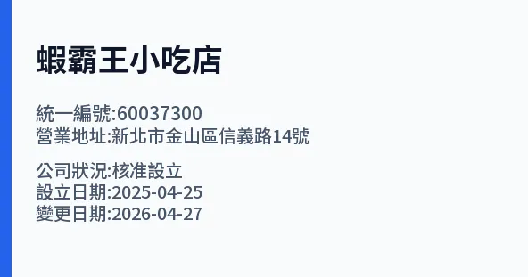 蝦霸王小吃店的照片-統編 60037300(新北市) 公司登記資料與營業項目詳細圖表