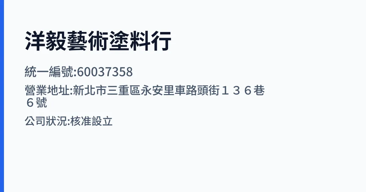 洋毅藝術塗料行 - 統編 60037358(新北市) 公司登記資料與營業項目詳細圖表