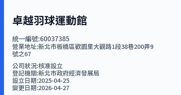 卓越羽球運動館的照片-統編 60037385(新北市) 公司登記資料與營業項目詳細圖表