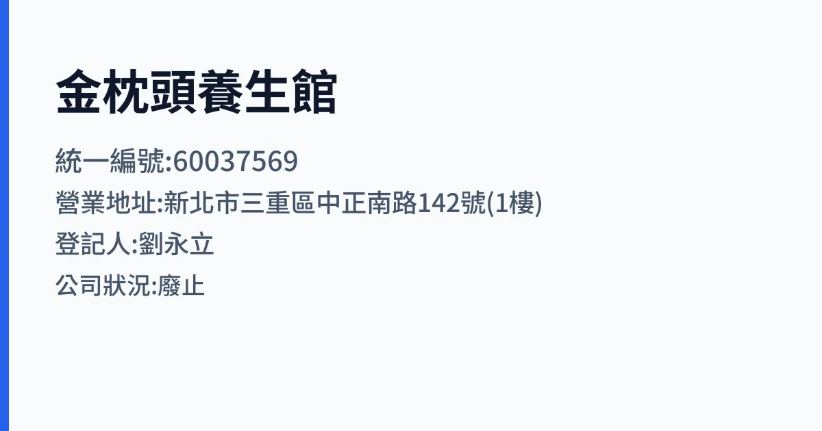 金枕頭養生館 - 統編 60037569(新北市) 公司登記資料與營業項目詳細圖表