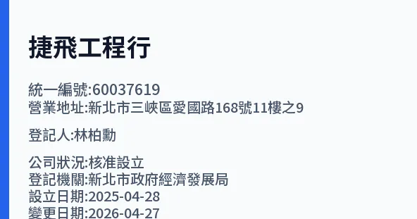 捷飛工程行的照片-統編 60037619(新北市) 公司登記資料與營業項目詳細圖表