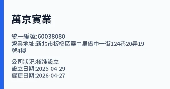 萬京實業的照片-統編 60038080(新北市) 公司登記資料與營業項目詳細圖表