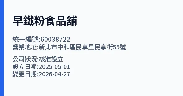 早鐵粉食品舖的照片-統編 60038722(新北市) 公司登記資料與營業項目詳細圖表