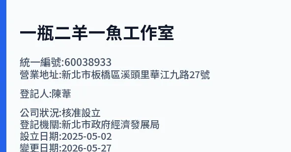 一瓶二羊一魚工作室的照片-統編 60038933(新北市) 公司登記資料與營業項目詳細圖表