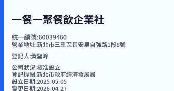 一餐一聚餐飲企業社的照片-統編 60039460(新北市) 公司登記資料與營業項目詳細圖表