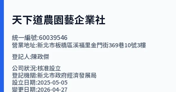 天下道農園藝企業社的照片-統編 60039546(新北市) 公司登記資料與營業項目詳細圖表