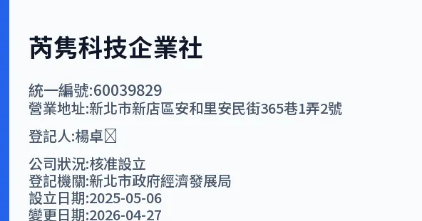 芮隽科技企業社的照片-統編 60039829(新北市) 公司登記資料與營業項目詳細圖表