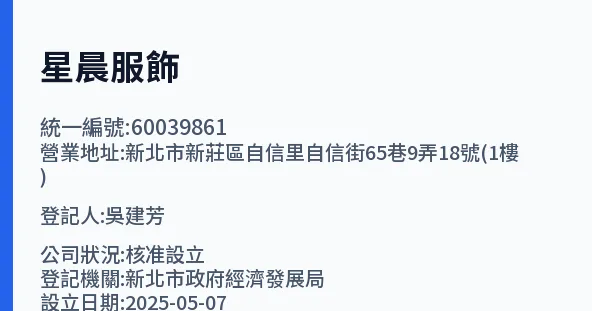 星晨服飾的照片-統編 60039861(新北市) 公司登記資料與營業項目詳細圖表