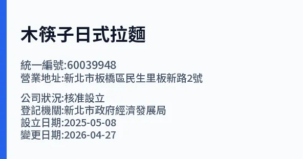 木筷子日式拉麵的照片-統編 60039948(新北市) 公司登記資料與營業項目詳細圖表
