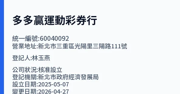 多多贏運動彩券行的照片-統編 60040092(新北市) 公司登記資料與營業項目詳細圖表