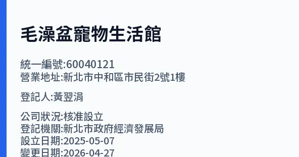 毛澡盆寵物生活館的照片-統編 60040121(新北市) 公司登記資料與營業項目詳細圖表