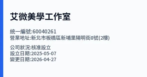 艾微美學工作室的照片-統編 60040261(新北市) 公司登記資料與營業項目詳細圖表