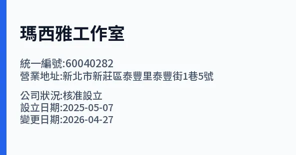 瑪西雅工作室的照片-統編 60040282(新北市) 公司登記資料與營業項目詳細圖表