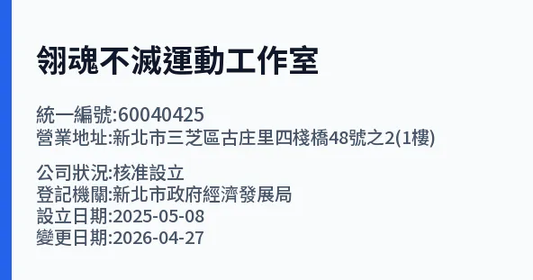 翎魂不滅運動工作室的照片-統編 60040425(新北市) 公司登記資料與營業項目詳細圖表