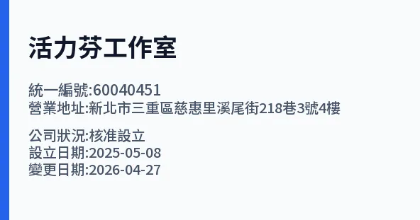 活力芬工作室的照片-統編 60040451(新北市) 公司登記資料與營業項目詳細圖表