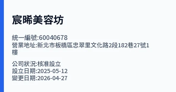 宸晞美容坊的照片-統編 60040678(新北市) 公司登記資料與營業項目詳細圖表
