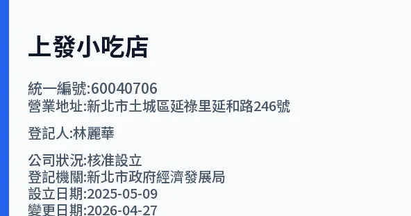 上發小吃店的照片-統編 60040706(新北市) 公司登記資料與營業項目詳細圖表