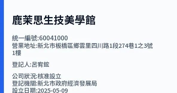 鹿茉思生技美學館的照片-統編 60041000(新北市) 公司登記資料與營業項目詳細圖表