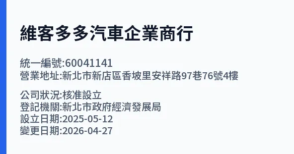 維客多多汽車企業商行的照片-統編 60041141(新北市) 公司登記資料與營業項目詳細圖表