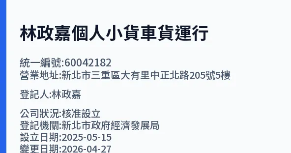 林政嘉個人小貨車貨運行的照片-統編 60042182(新北市) 公司登記資料與營業項目詳細圖表