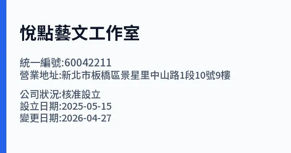 悅點藝文工作室的照片-統編 60042211(新北市) 公司登記資料與營業項目詳細圖表